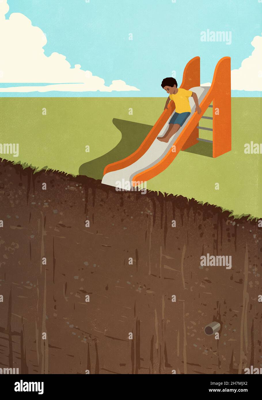 Boy on playground slide at edge of cliff Stock Photo - Alamy