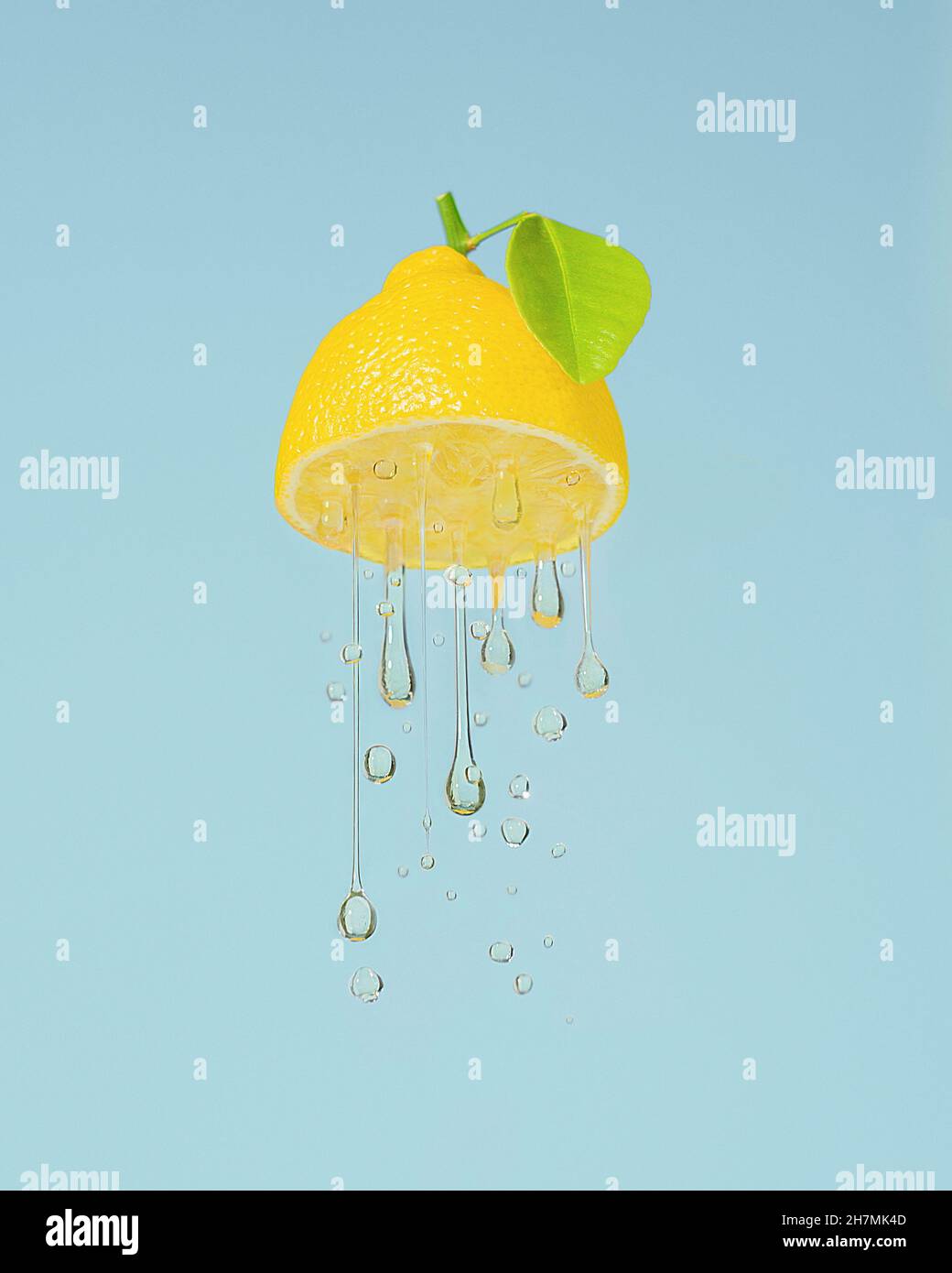 Juicy yellow lemon dripping against blue background Stock Photo - Alamy