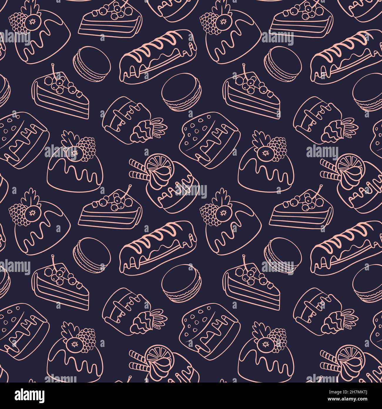 Seamless pattern with cakes and macaroons. Doodle desserts on dark ...