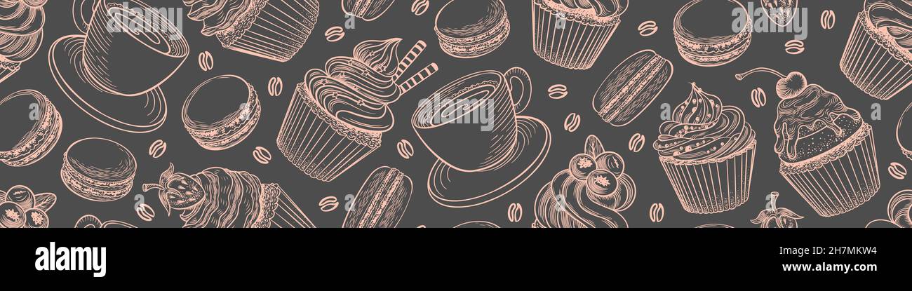 Seamless horizontal border with desserts and coffee. Confectionery ...