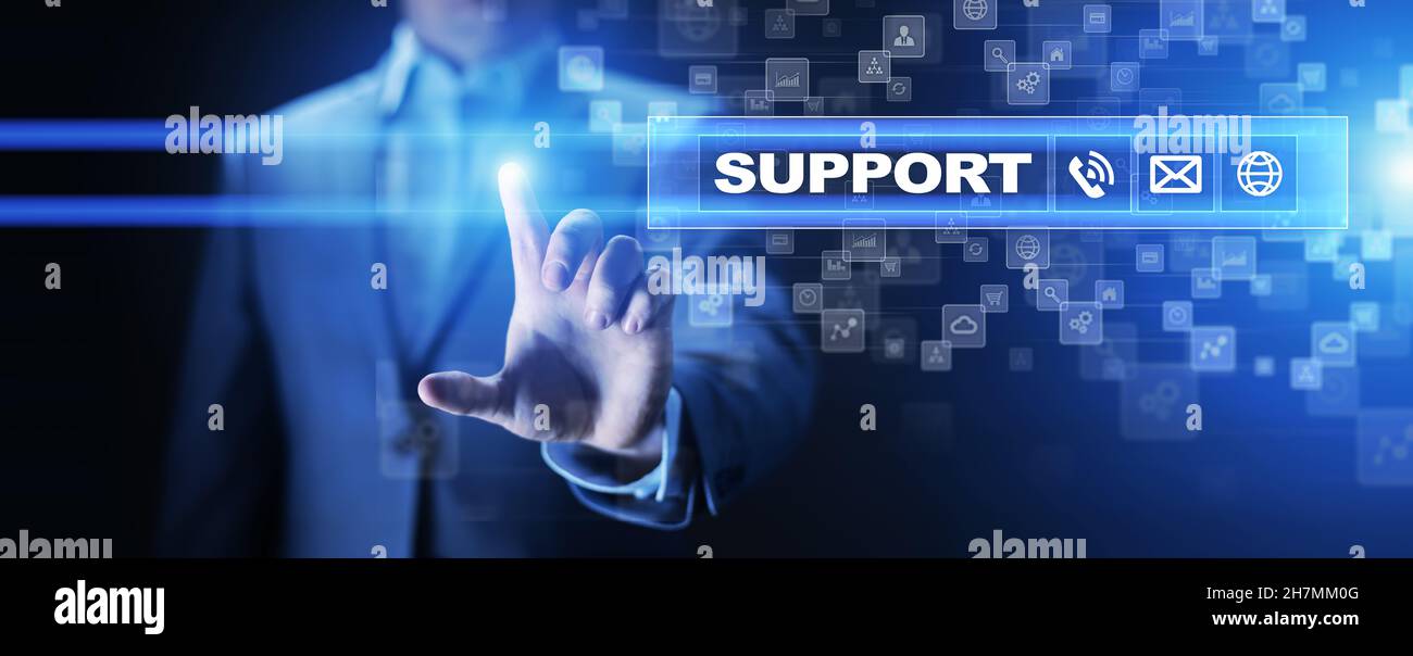 Support button on virtual screen. Customer service and communication ...