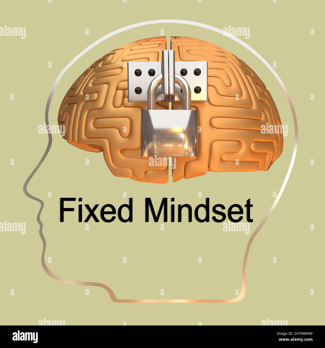 3D illustration of head silhouette containing a chain lock over the ...