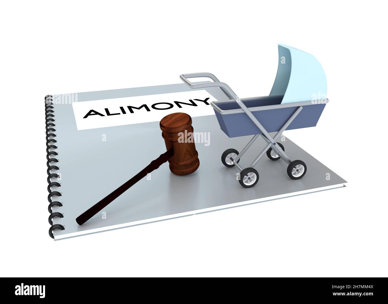 3D illustration of ALIMONY script on a booklet along with a baby ...