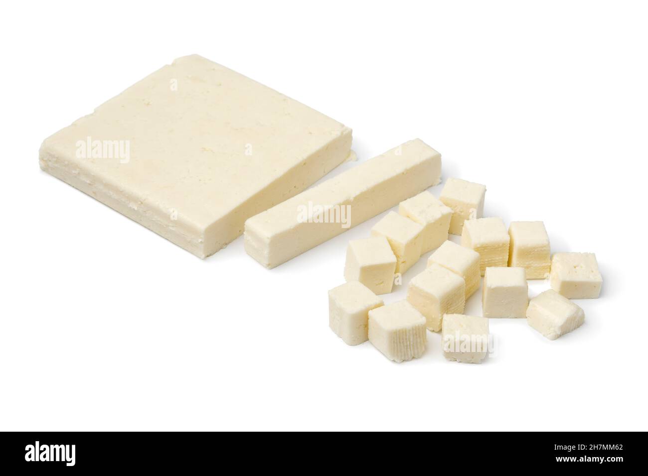 Slice of Indian paneer cheese and cubes isolated on white background ...
