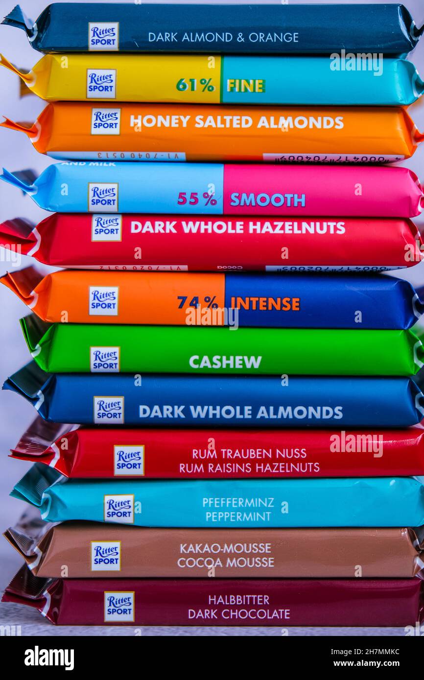 Kiev Ukraine - October 2021 chocolate Ritter Sport bars. German ...