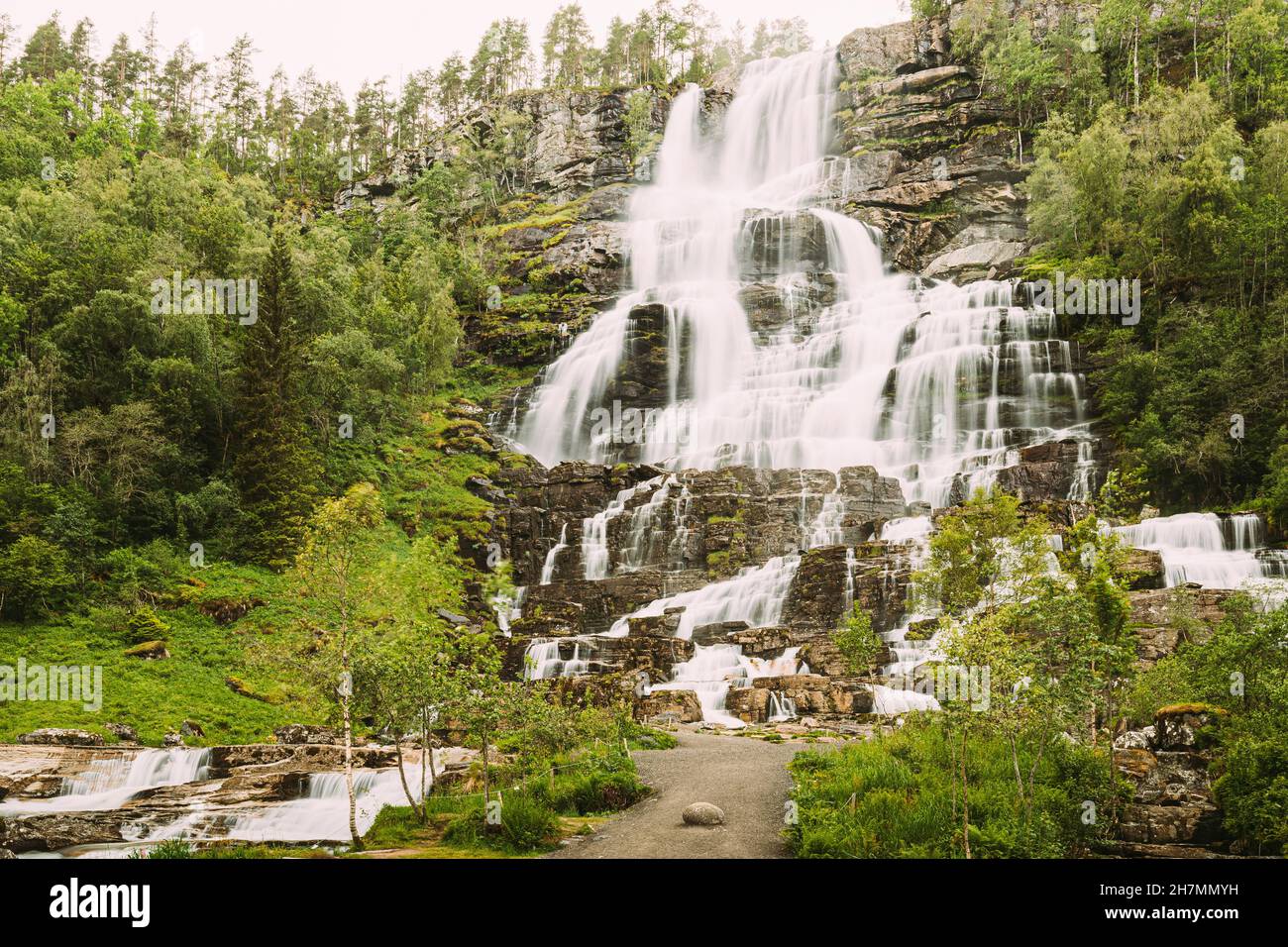 Voss, Hordaland, Norway. Waterfall Tvindefossen In Spring. Largest And ...