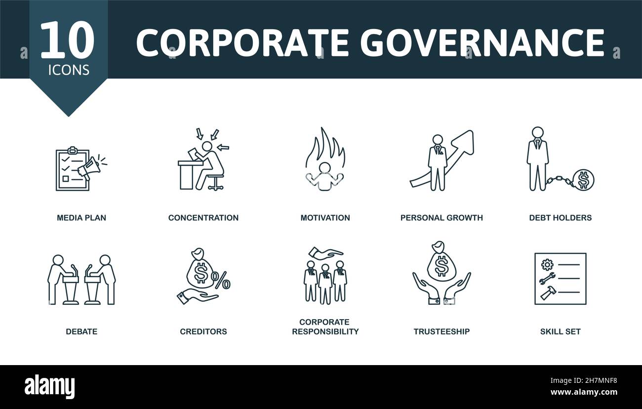 Corporate Governance icon set. Collection of simple elements such as the leadership, publicity ...