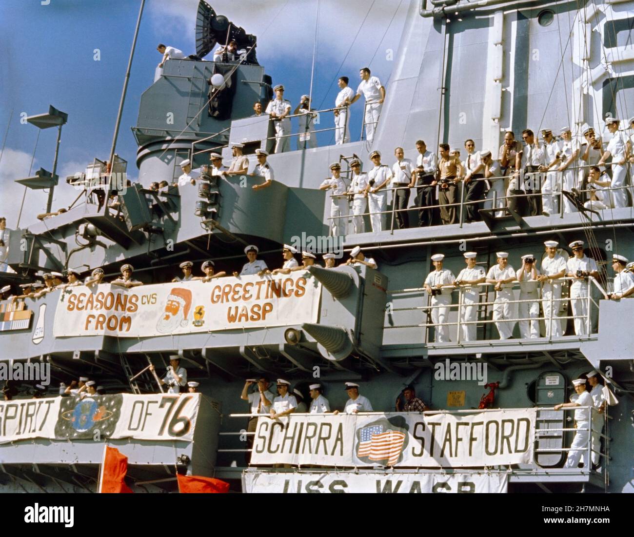 (16 Dec. 1965) --- Crewmen of the aircraft carrier USS Wasp gather on ...