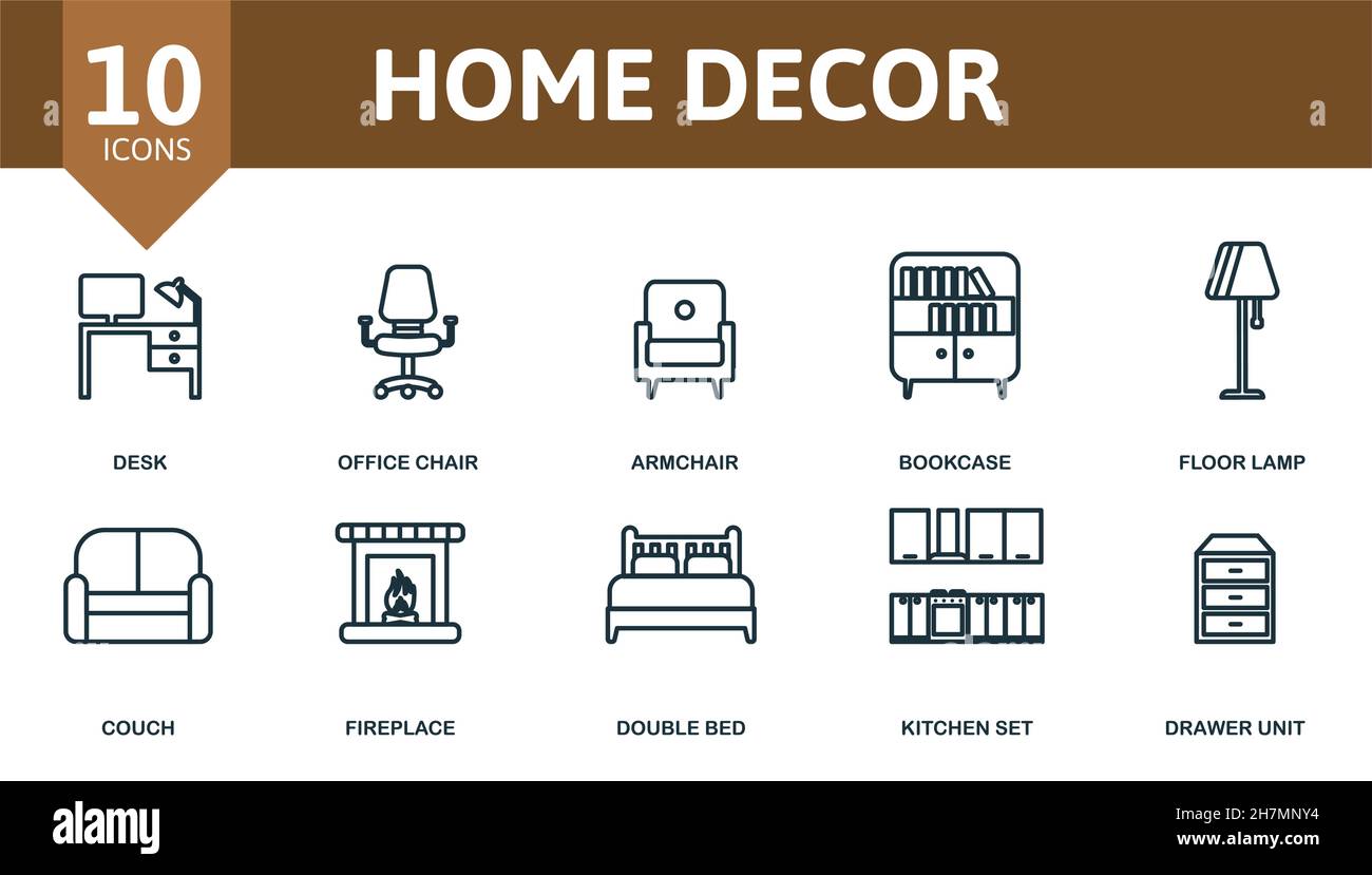 Home Decor icon set. Collection of simple elements such as the desk ...