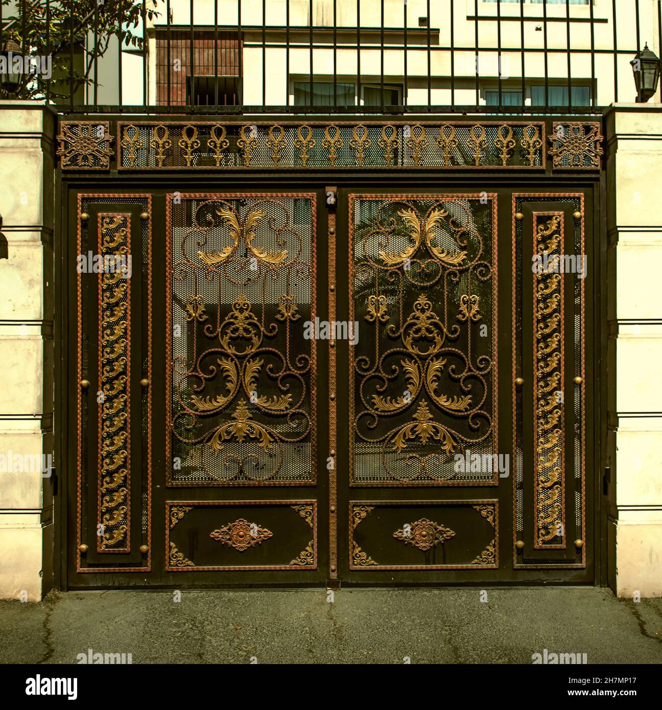 Wide iron black double-leaf gate, made of fine mesh, covered with ...