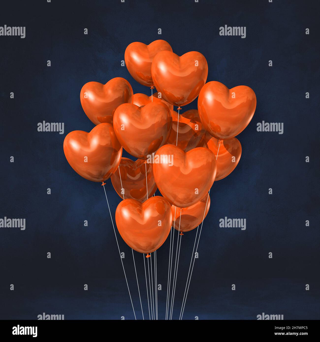 Orange heart shape balloons bunch on a black wall background. 3D ...