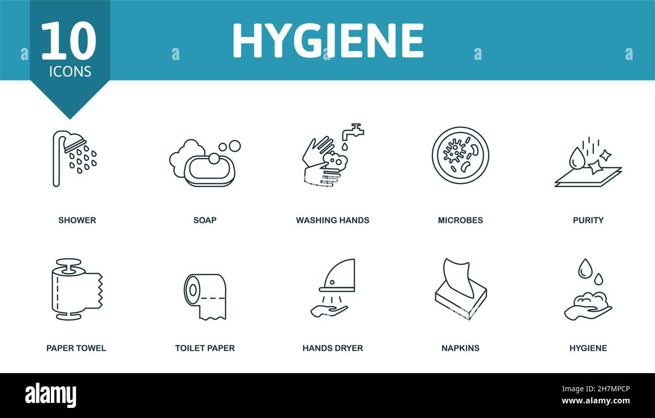 Hygiene icon set. Collection of simple elements such as the shower ...