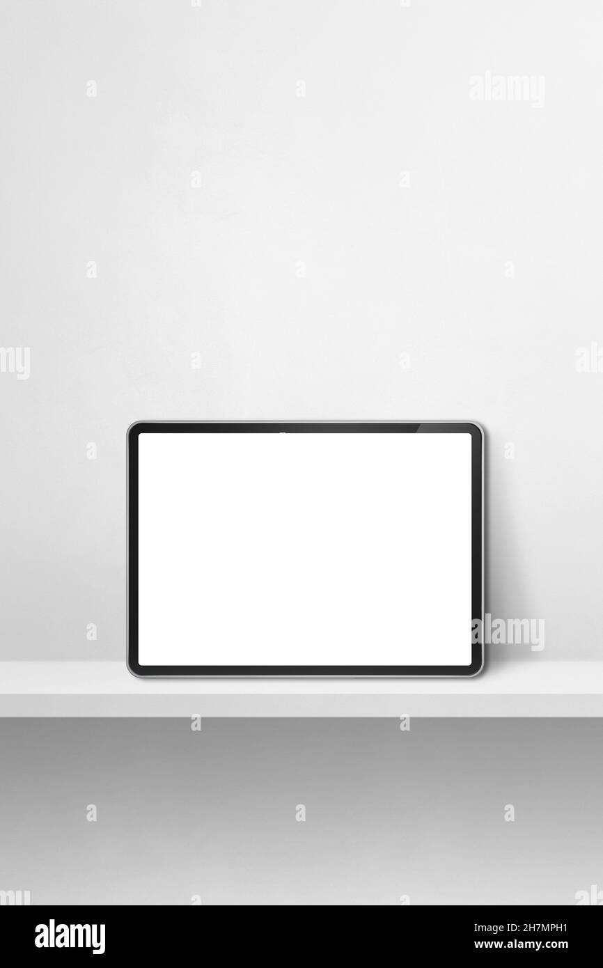 Digital tablet pc on white wall shelf. Vertical background banner. 3D ...