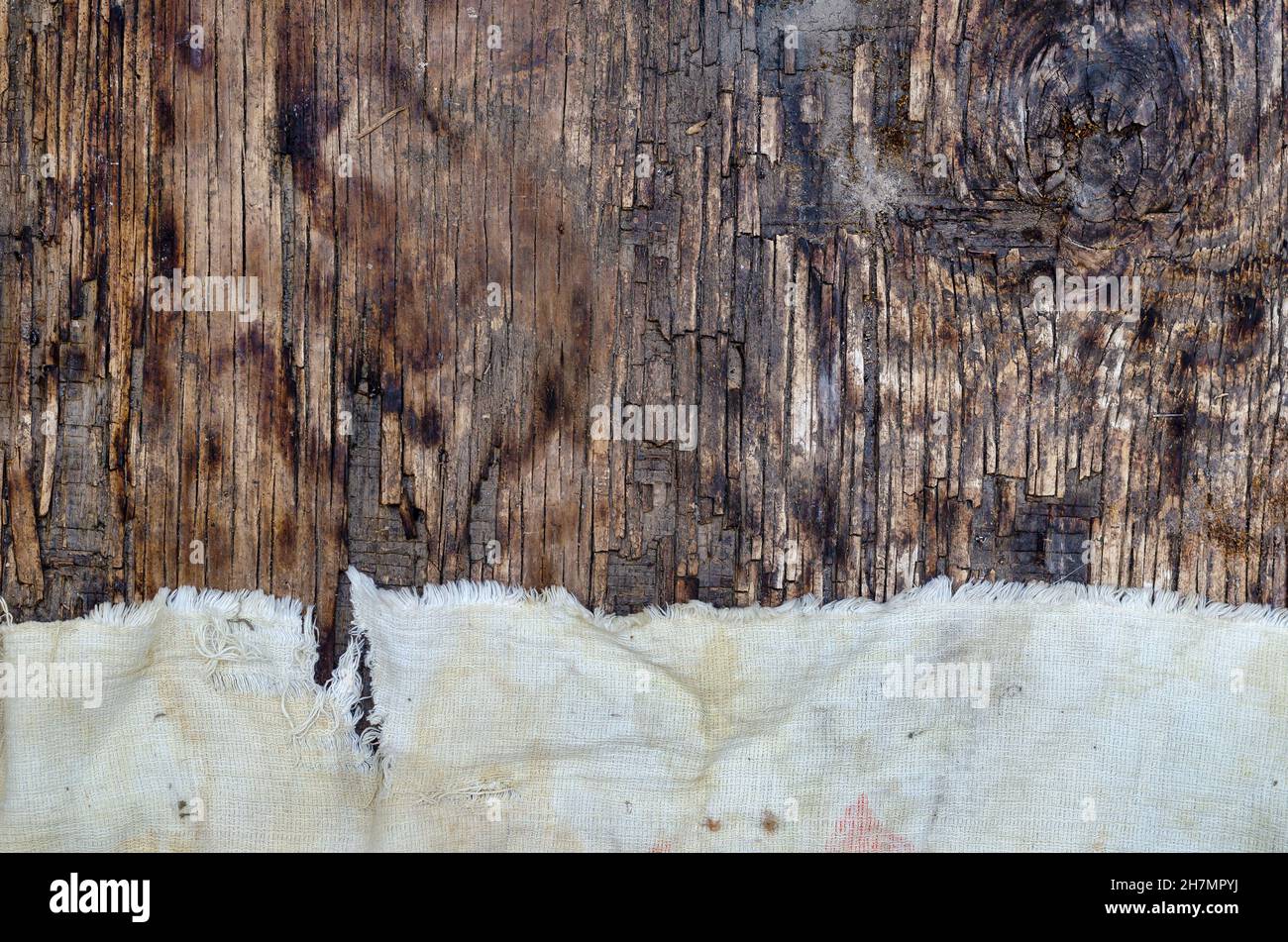 A tattered rag on an old textured wood surface. Top view. Selective ...