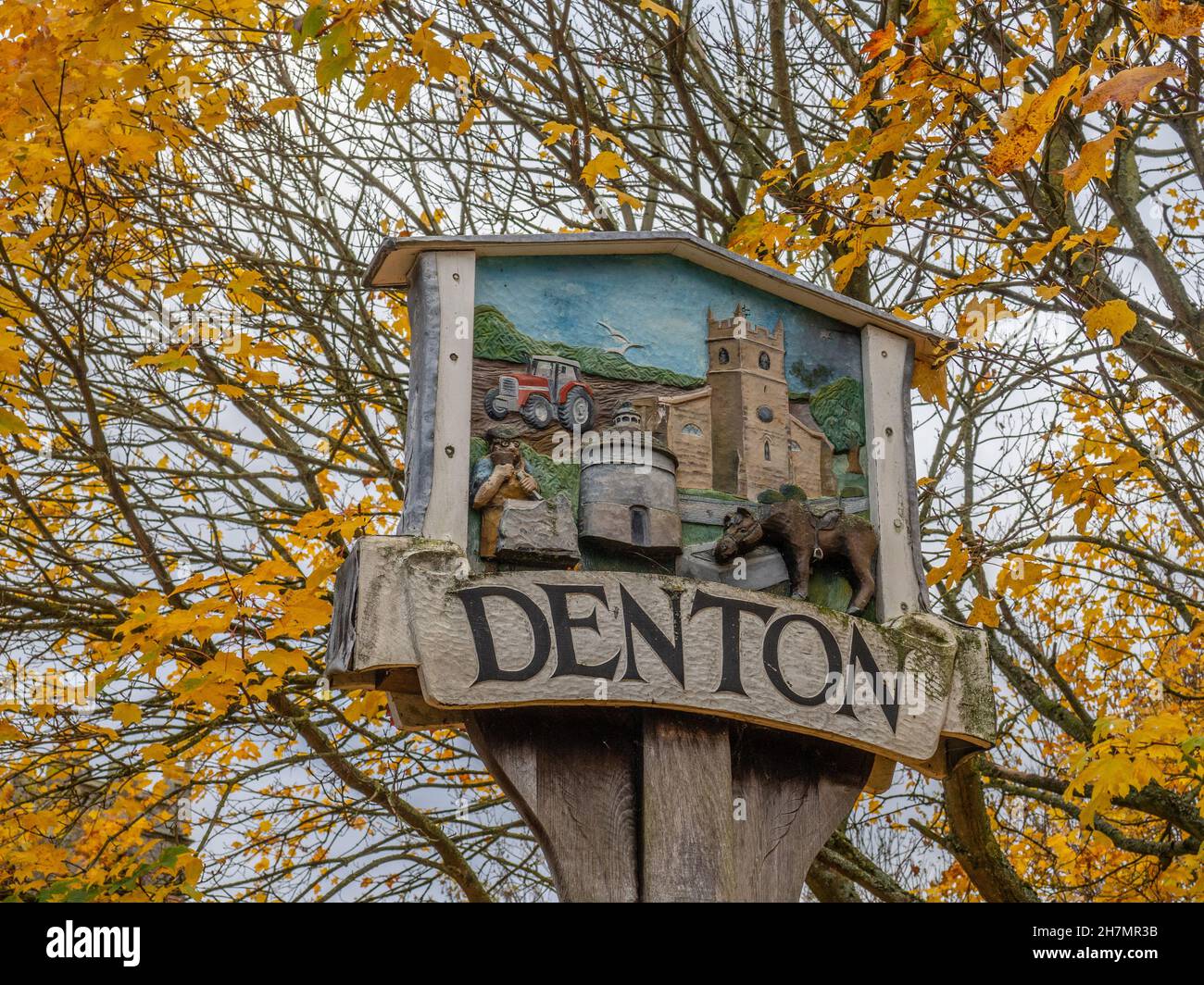 Autumn colours in the village of Denton, Northamptonshire, UK; with ...