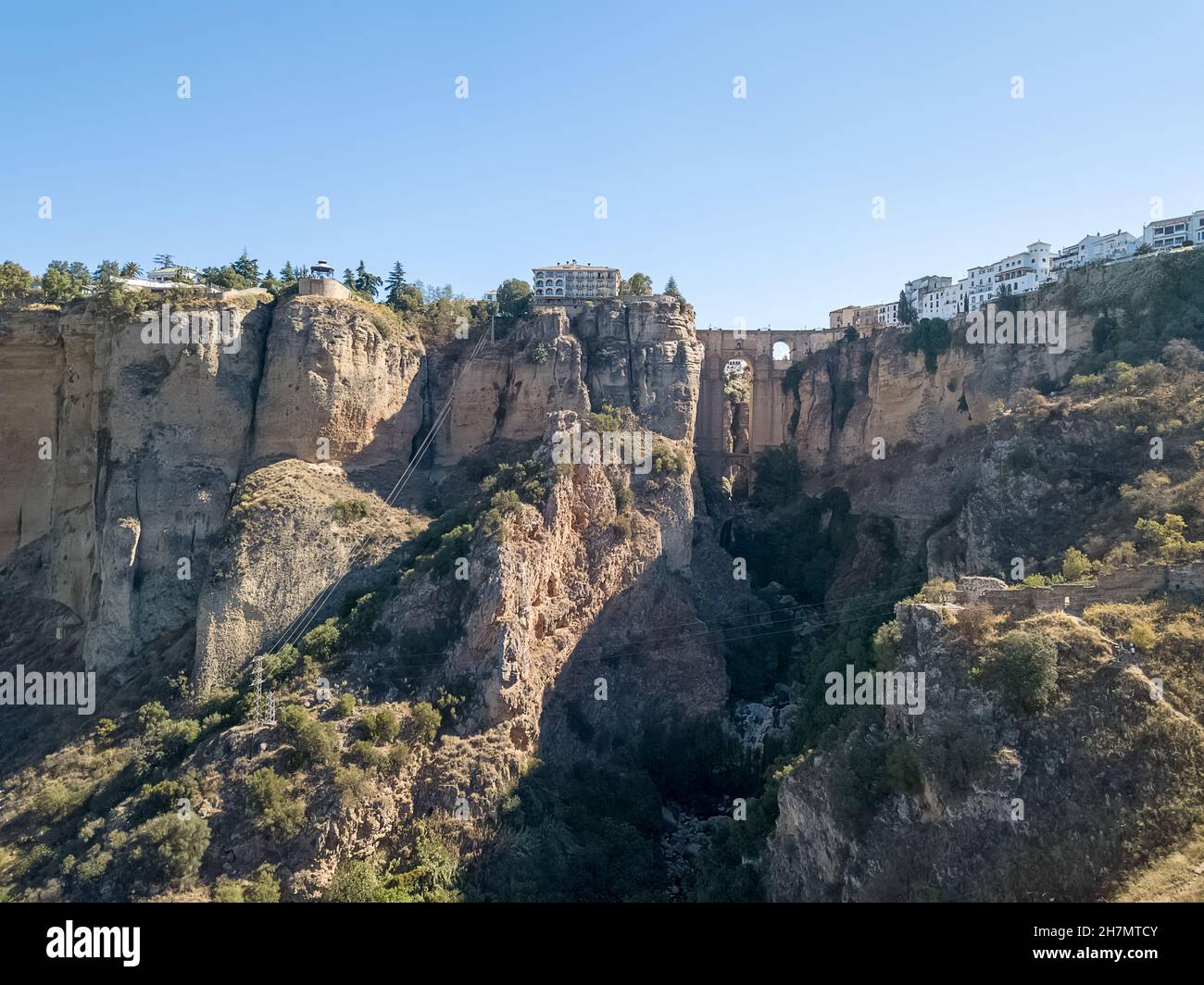Ronda Málaga Spain - 09 16 2021: View at the New Bridge above the gauge ...