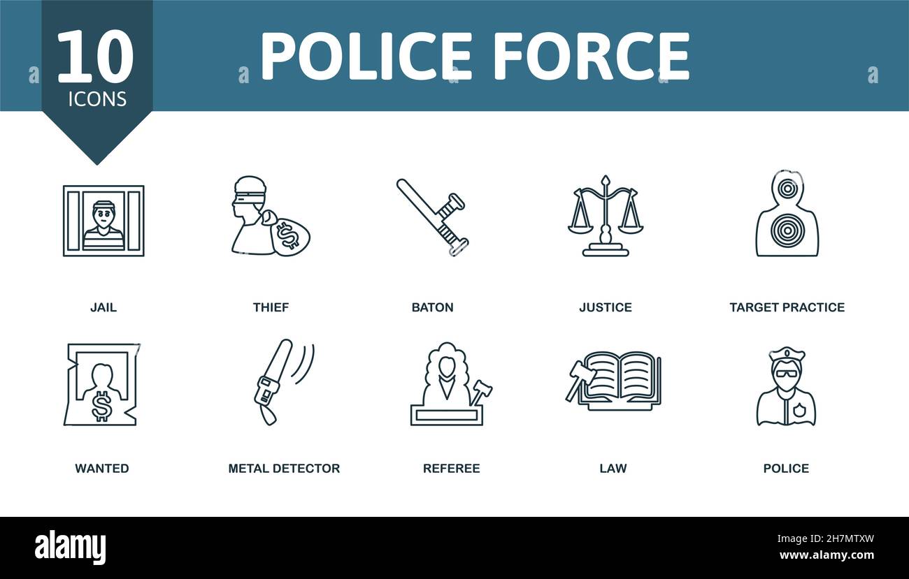 Police Force icon set. Collection of simple elements such as the pistol ...