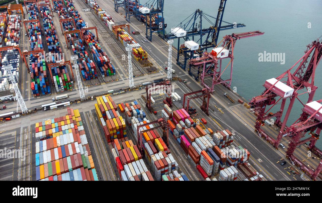 (EDITOR'S NOTE: Image taken with drone)Aerial view of shipping ...