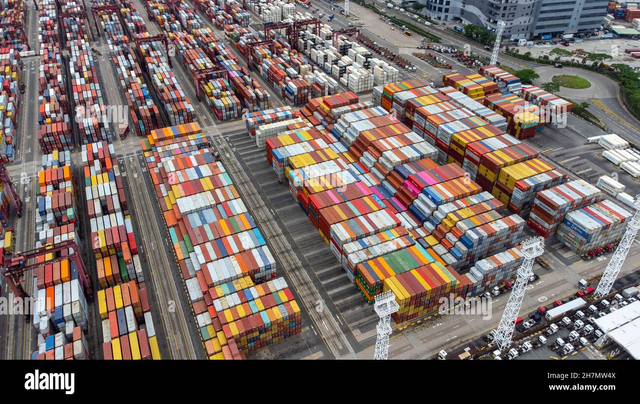 (EDITOR'S NOTE: Image taken with drone)Aerial view of shipping ...