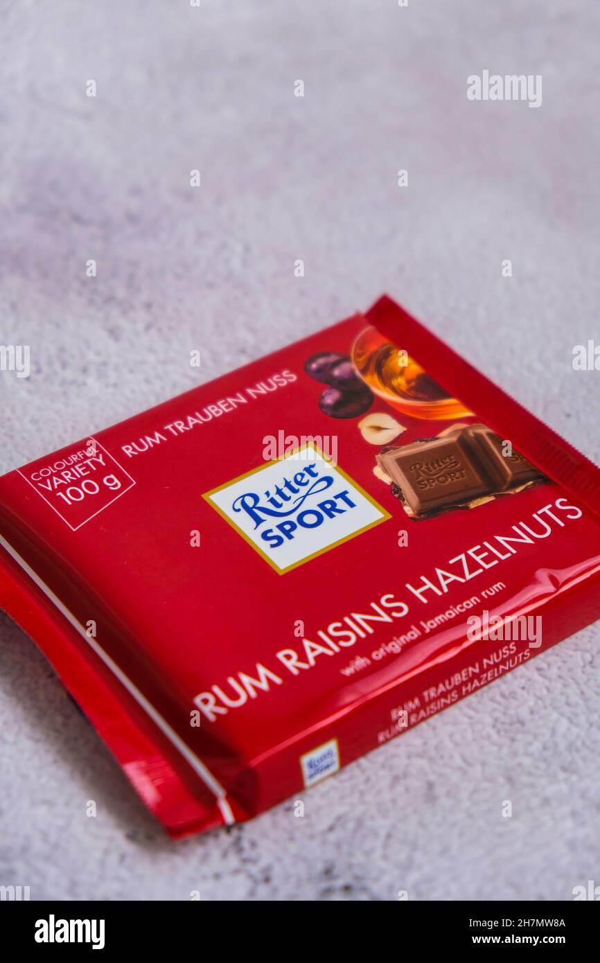 Kiev Ukraine - October 2021 RUM RAISINS HAZELNUTS taste. Chocolate ...