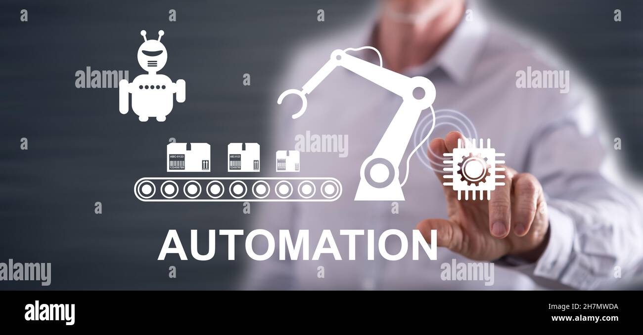 Man touching an automation concept on a touch screen with his finger ...