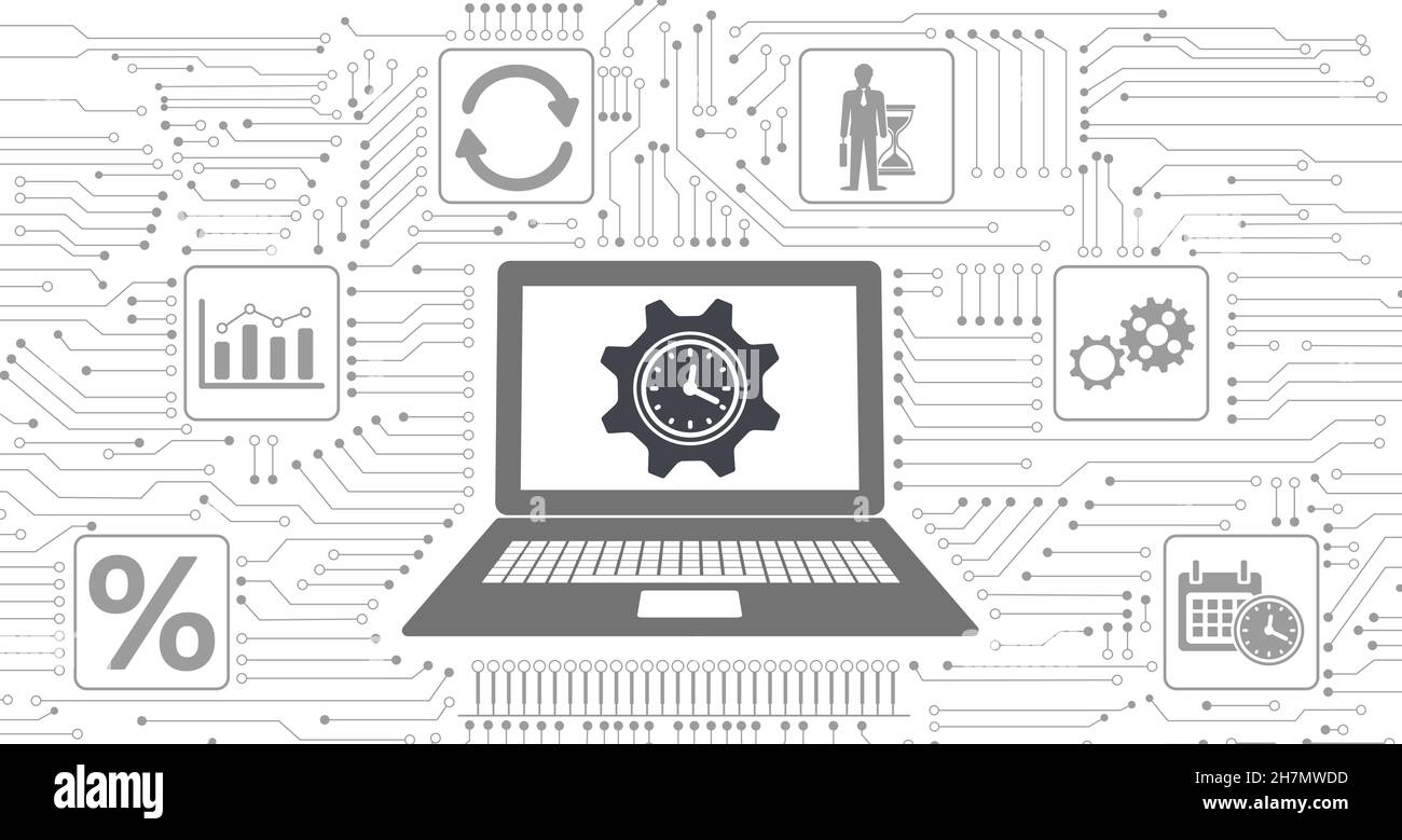 Concept of productivity with icons integrated in circuit Stock Photo ...