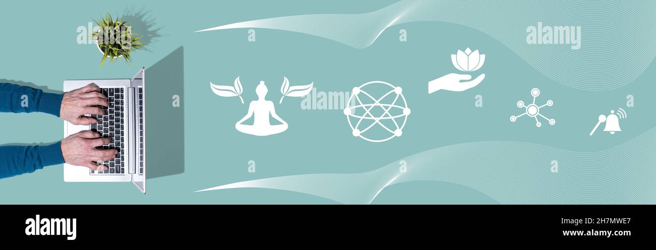 Top view of hands using laptop with symbol of meditation concept Stock ...