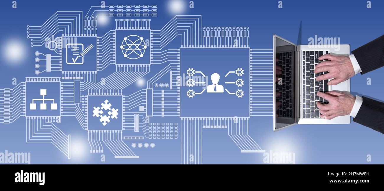 Top view of hands using laptop with symbol of competence concept Stock ...