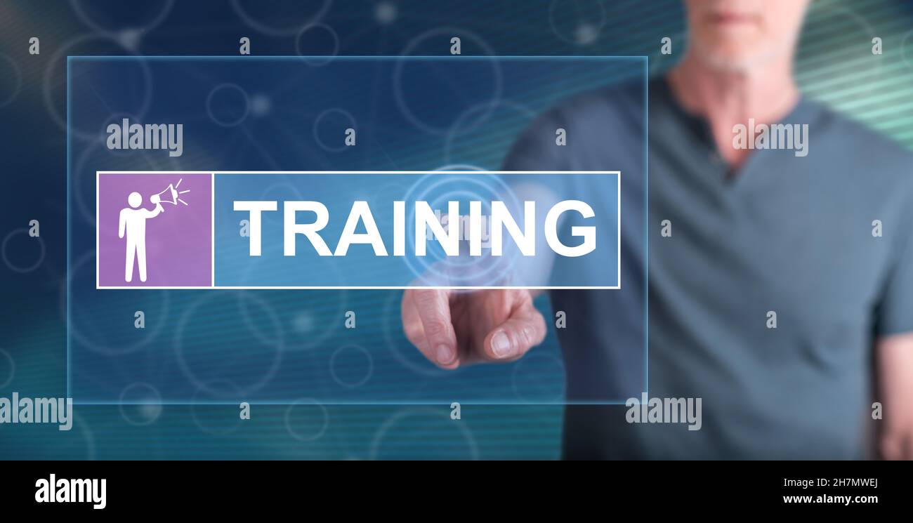 Man touching a training concept on a touch screen with his finger Stock ...