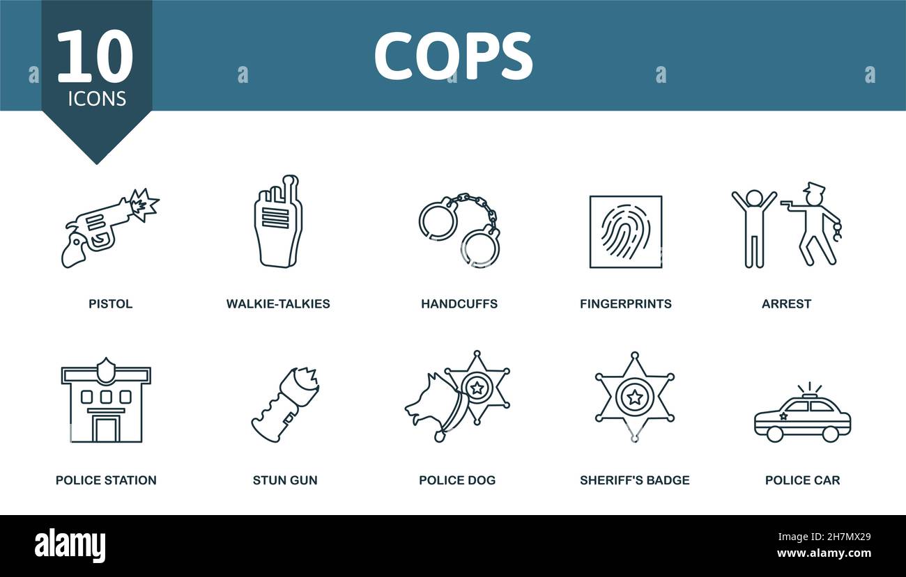 Cops icon set. Collection of simple elements such as the pistol, walkie ...