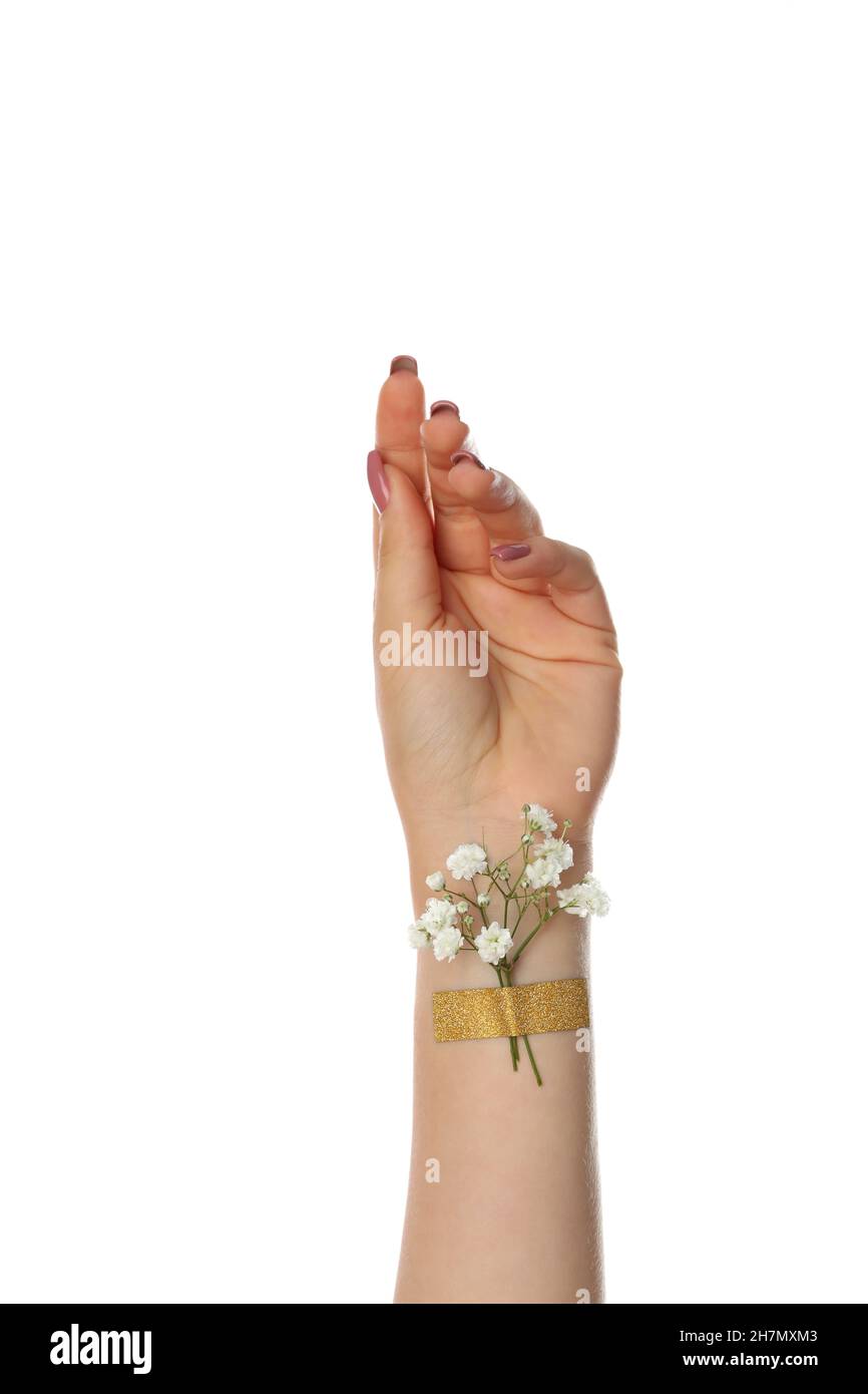 Beautiful female hand with flowers isolated on white background Stock ...
