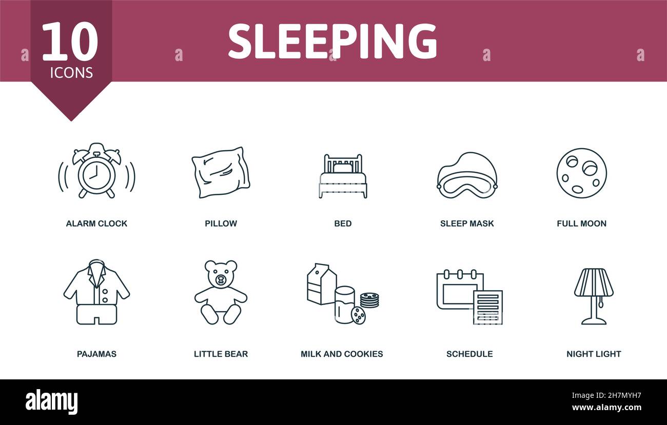 Sleeping icon set. Collection of simple elements such as the alarm ...