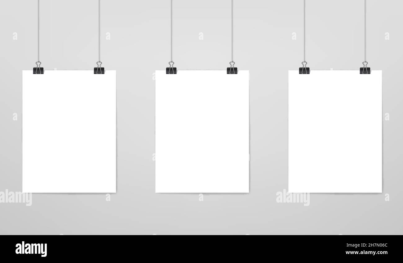 Hanging white paper sheet posters mockup, realistic 3d vector blank ...