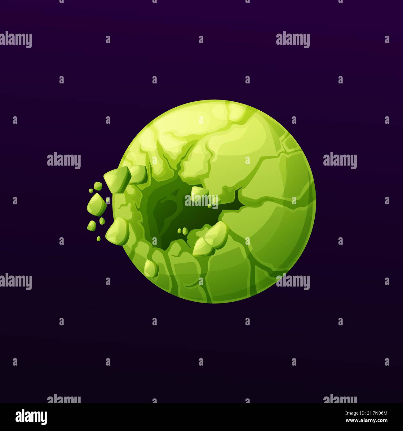 Cartoon green exploding space planet. Fantastic aliens home, deep space ...