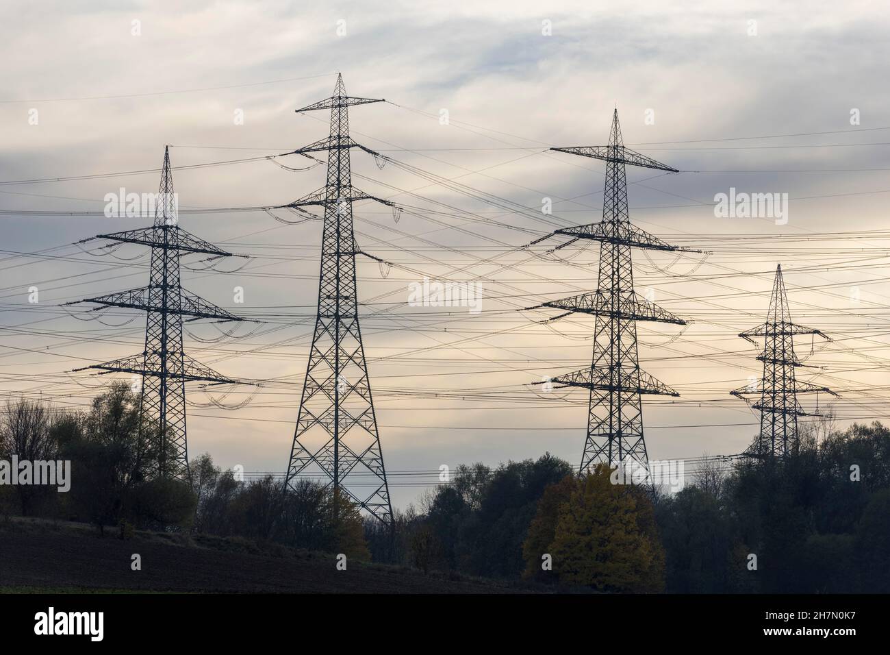High-voltage pylons, overhead power lines, Baden-Wuerttemberg, Germany ...