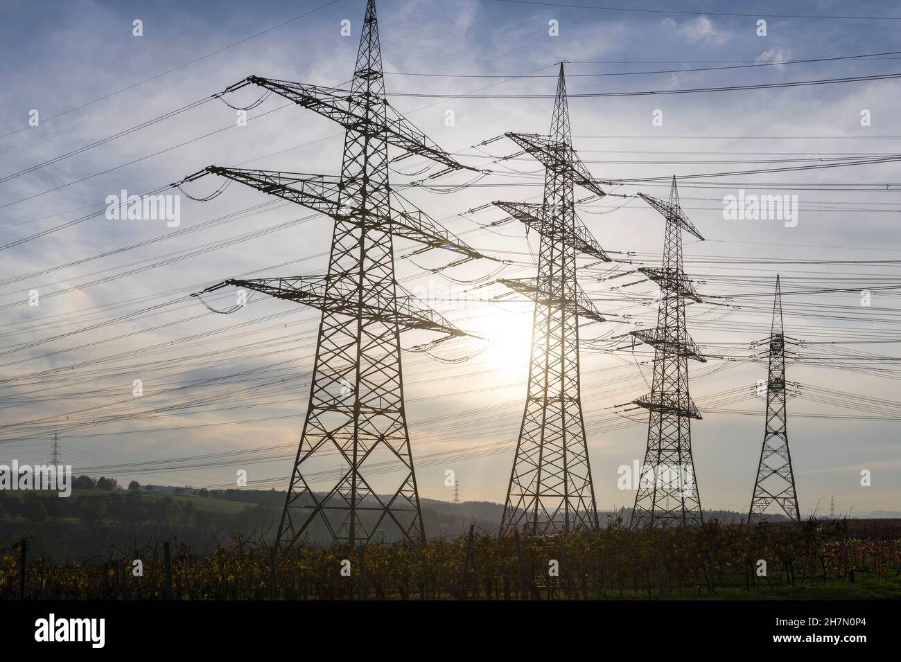 High-voltage pylons, overhead power lines, Baden-Wuerttemberg, Germany ...
