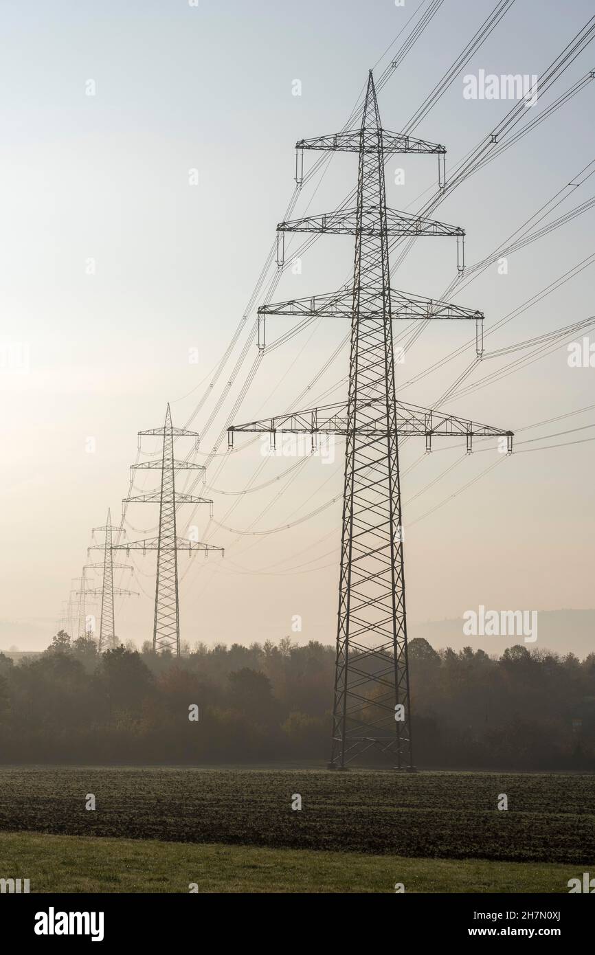 High-voltage pylons, overhead power lines, Baden-Wuerttemberg, Germany ...