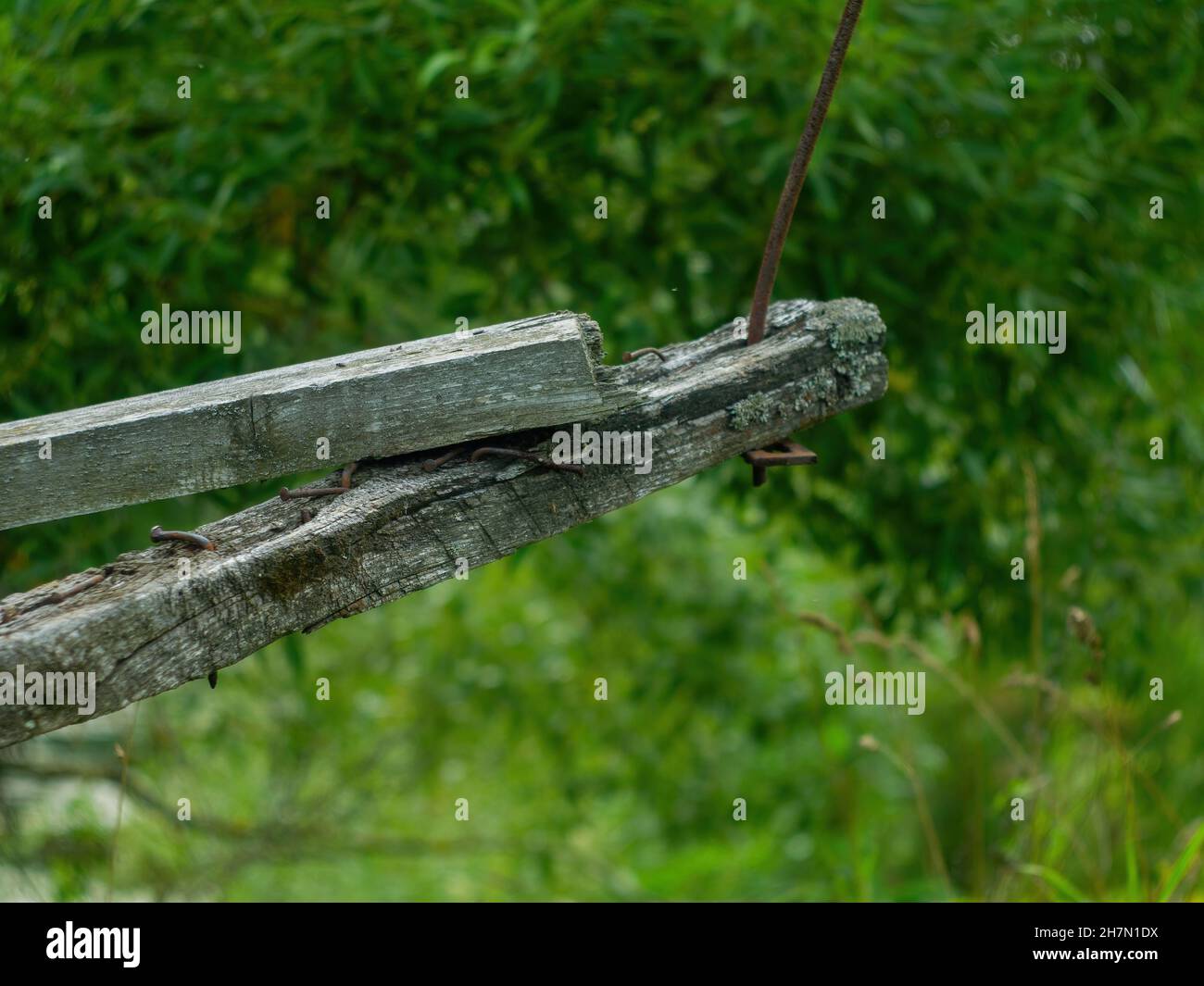 a collapsed wooden pedestrian bridge over the river, in summer Stock ...