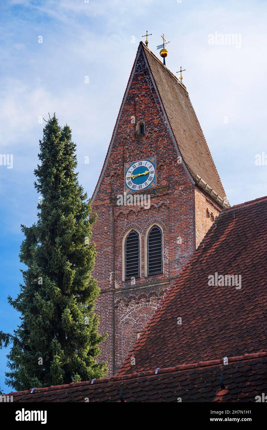Brick church tower with clock, Catholic town parish church of St ...