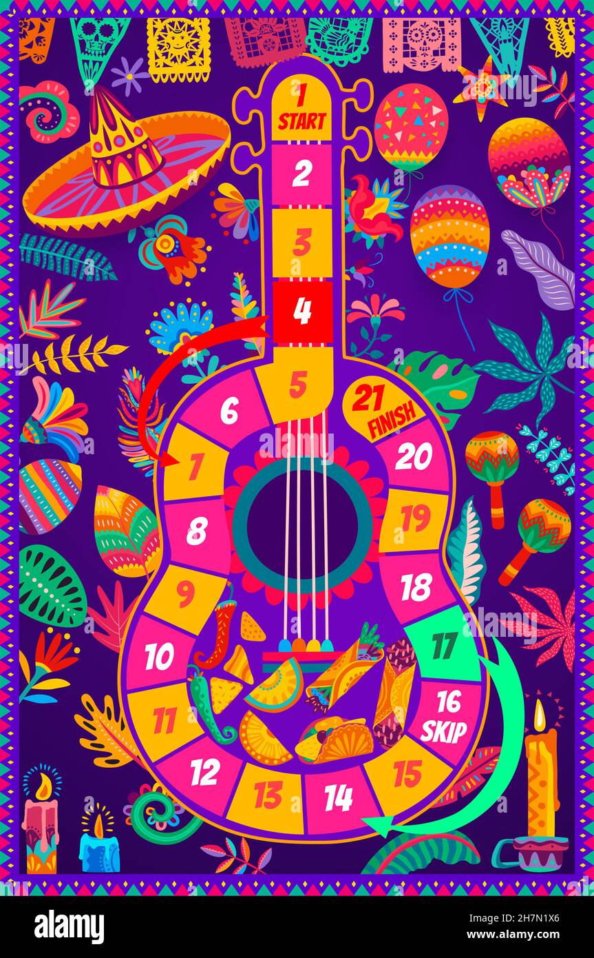 Kids boardgame. Mexican guitar, sombrero, flowers and holidays items ...