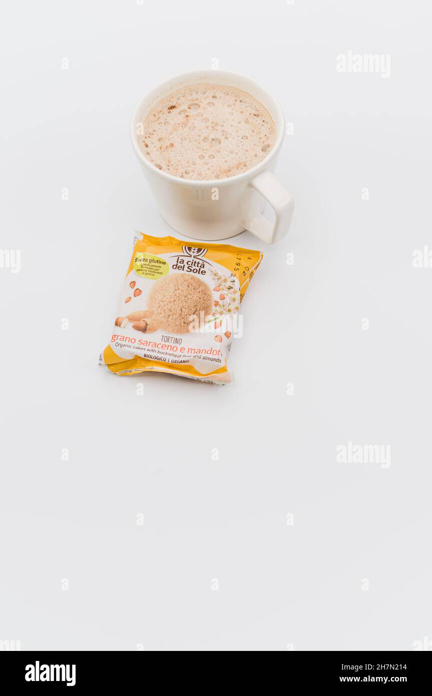 INVERIGO, ITALY - Nov 18, 2021: modern white stoneware cup with hot ...