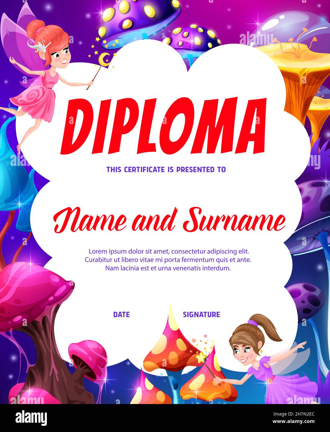 Kids diploma with cartoon fairies and magic mushrooms, vector education ...