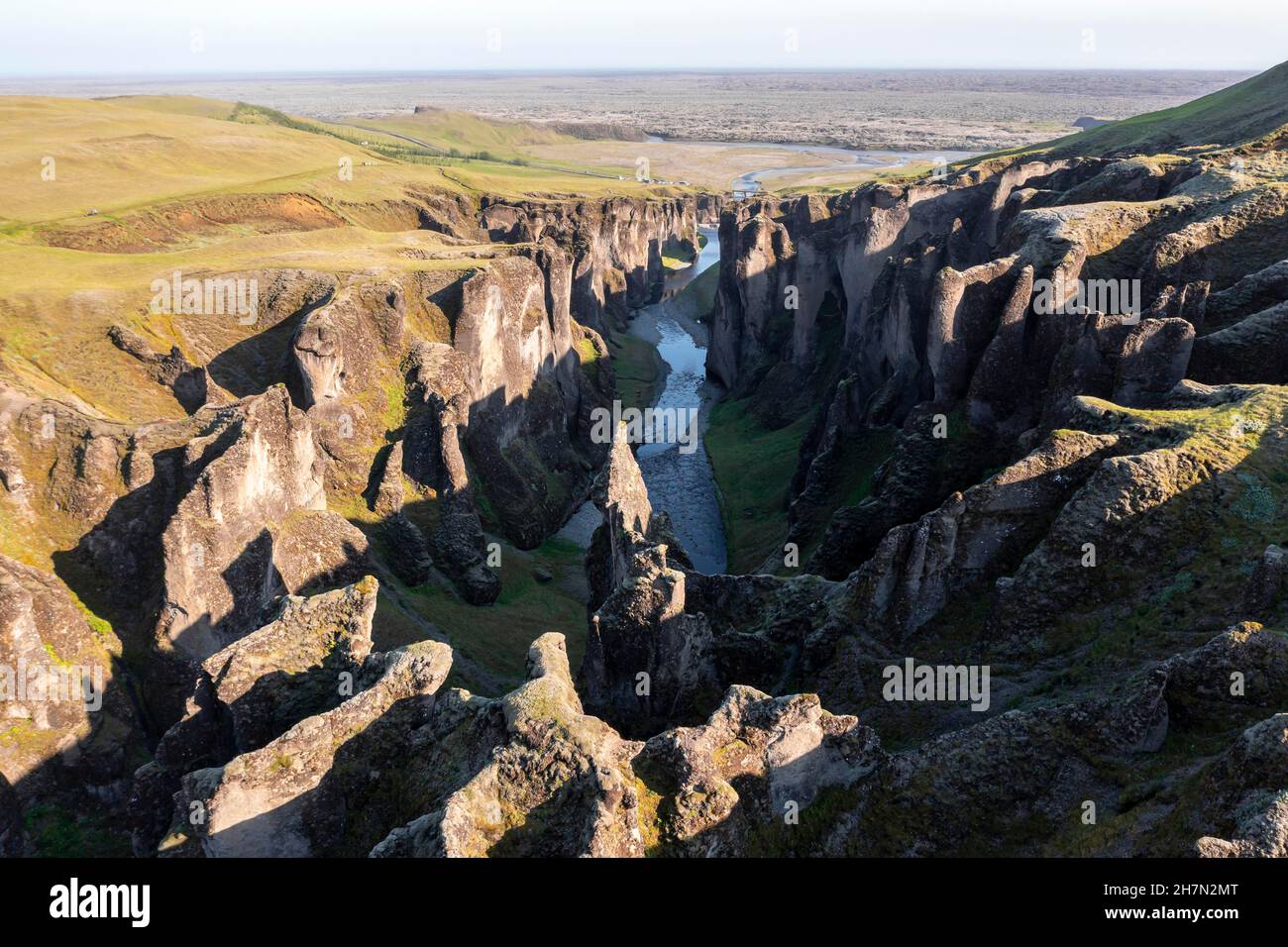 Aerial view of Fjaorargljufur Canyon, deep gorge, tufa rock, near ...