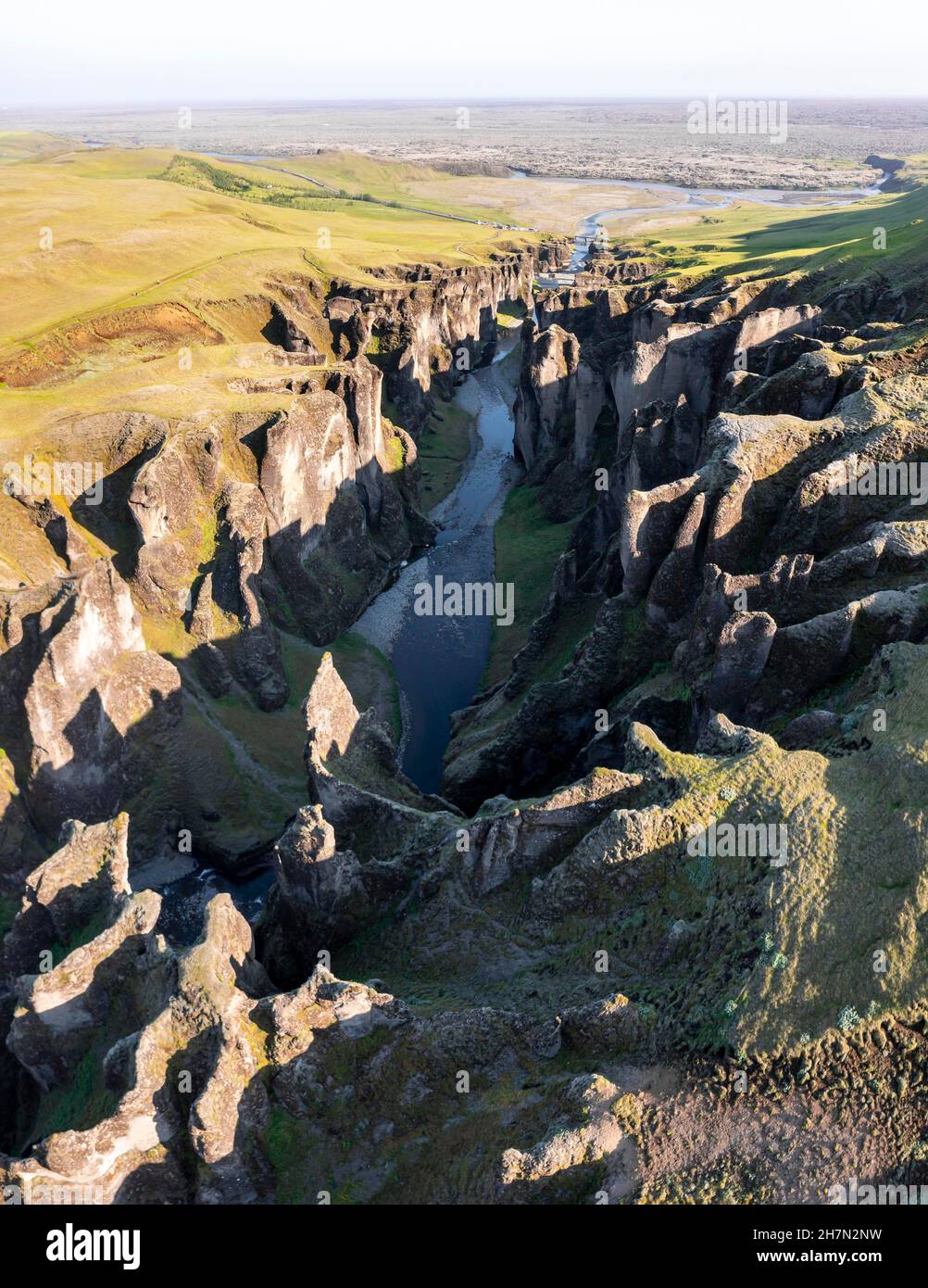 Aerial view of Fjaorargljufur Canyon, deep gorge, tufa rock, near ...