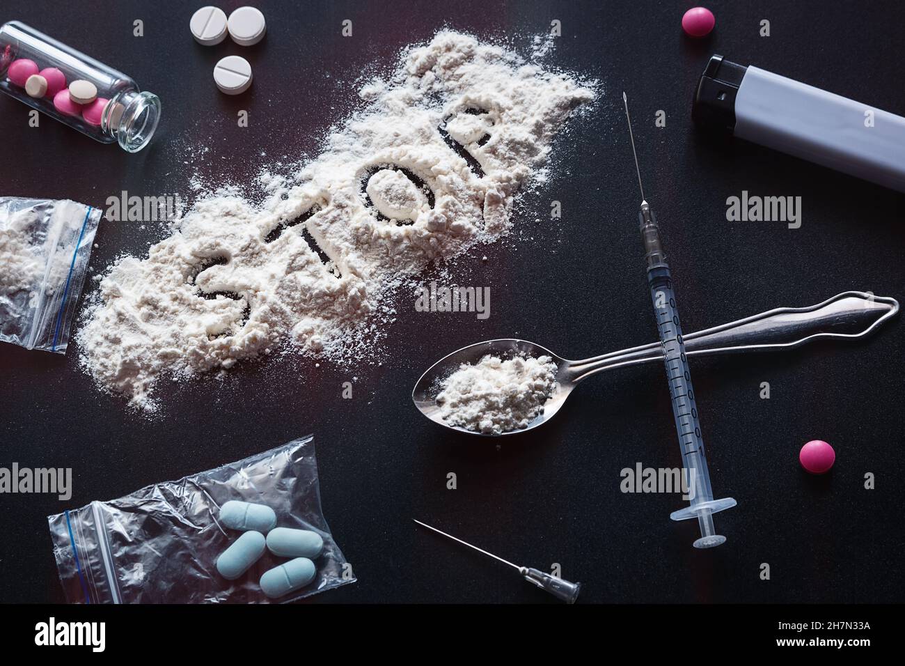 drugs and lettering stop addiction concept Stock Photo - Alamy