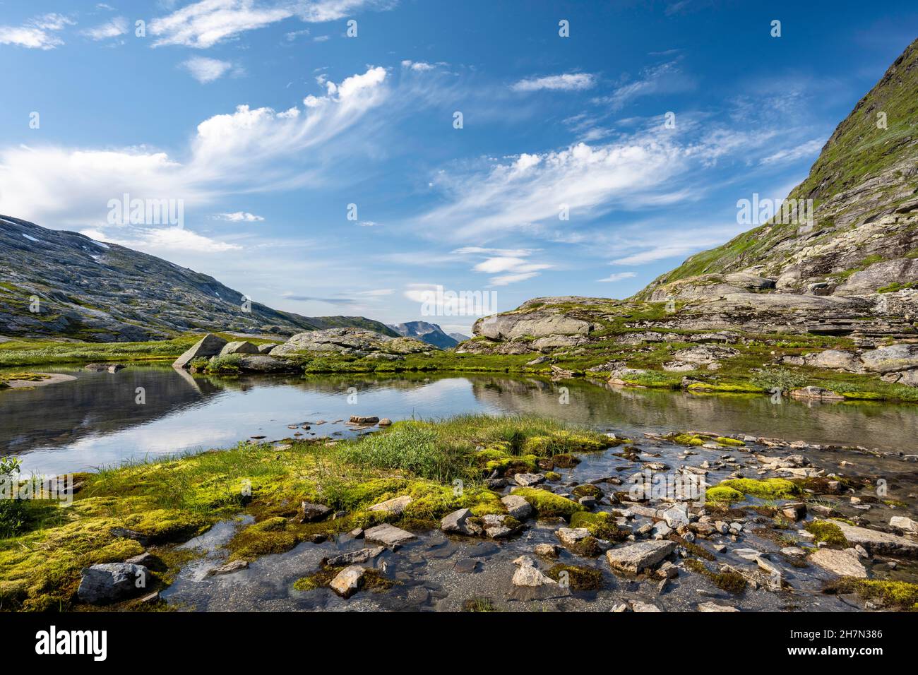 Plateau with small lakes and bogs, glacial valley, Geirangerfjord ...