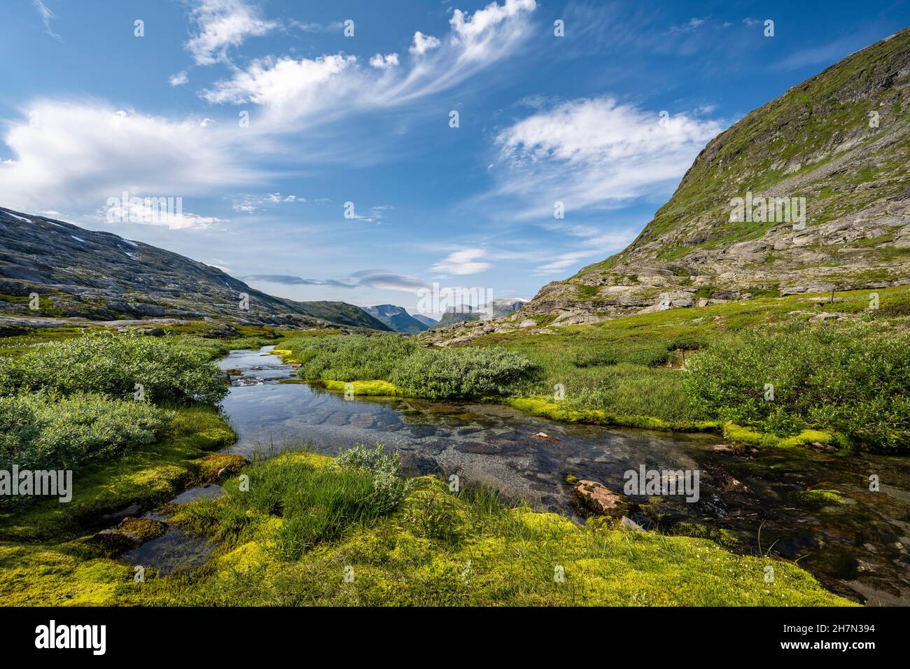 Plateau with small lakes and bogs, glacial valley, Geirangerfjord ...