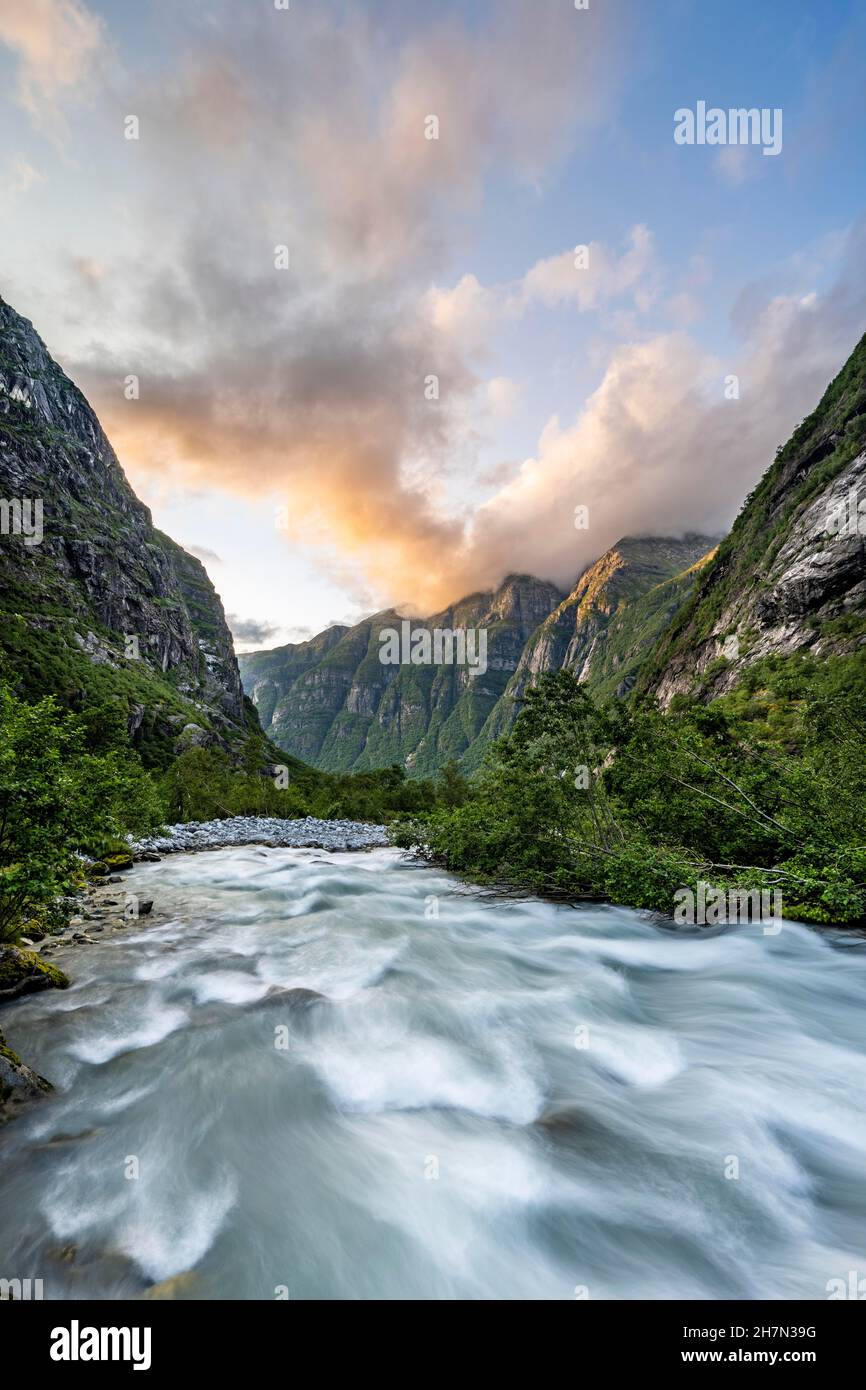 River Kjenndalselva in the glacial valley of the Kjenndalsbreen glacier ...