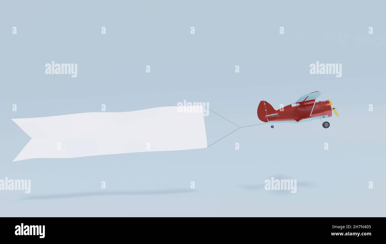 Red small airplane towing white banner on blue background. 3d rendering ...