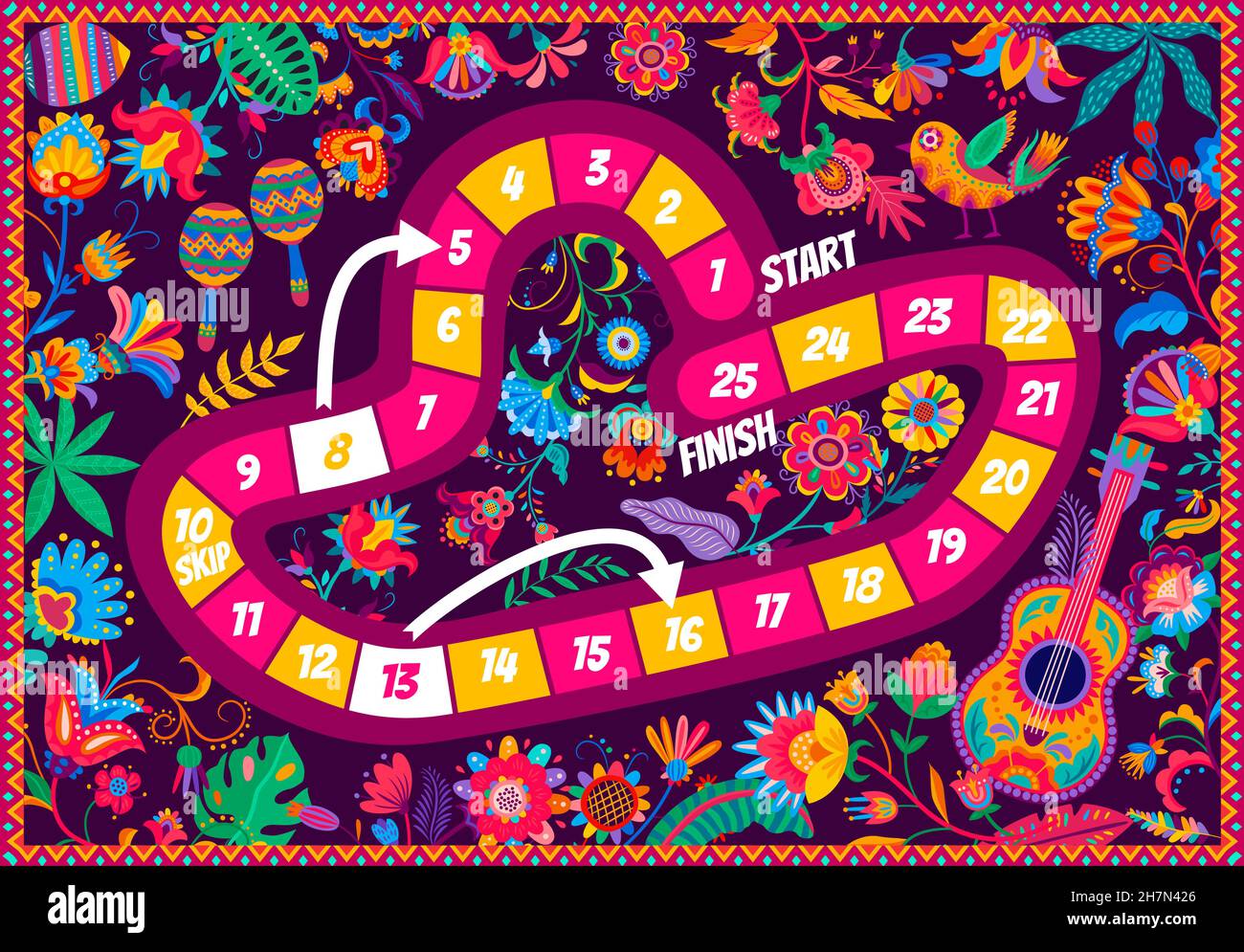 Kids cartoon boardgame. Mexican sombrero, flowers and guitar. Vector ...